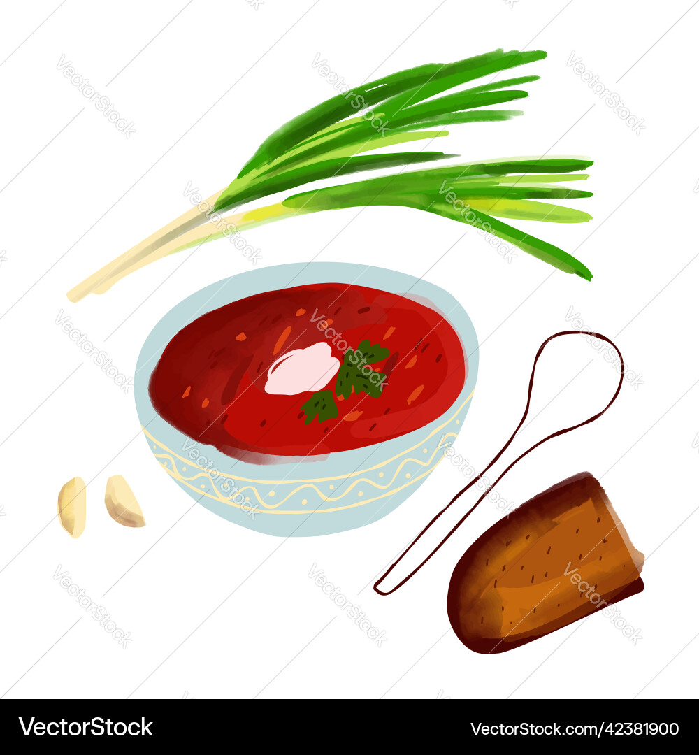 Plate of borsch with a slice rye Royalty Free Vector Image