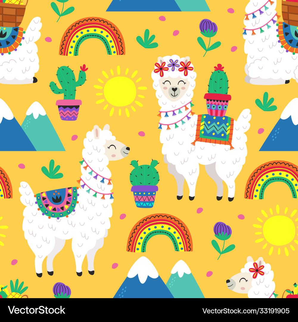 Seamless pattern with funny llama and cacti Vector Image