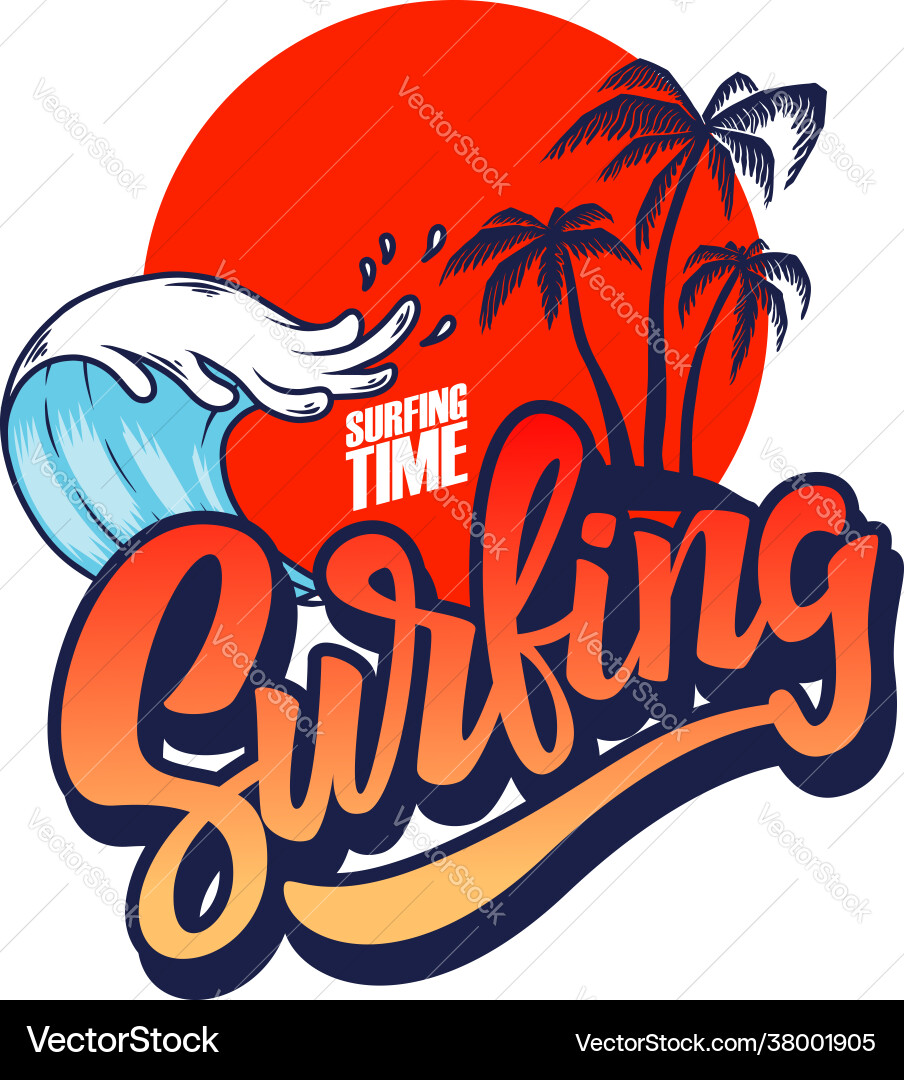 Surfing emblem template with waves and palms Vector Image