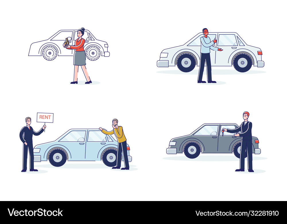 Car rent clients set cartoon characters taking Vector Image