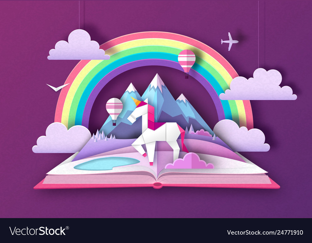 Open fairy tale book with unicorn rainbow Vector Image