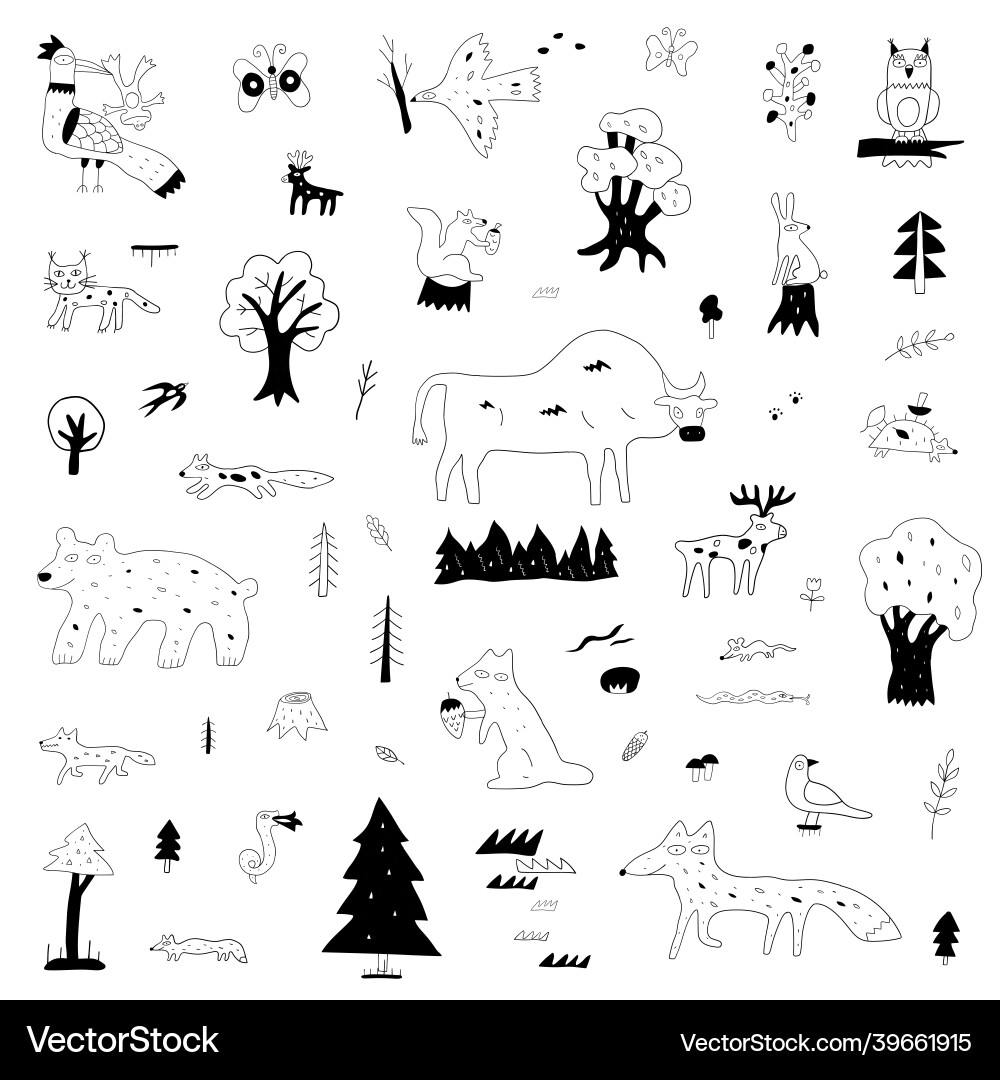 Forest animals doodles background design Vector Image
