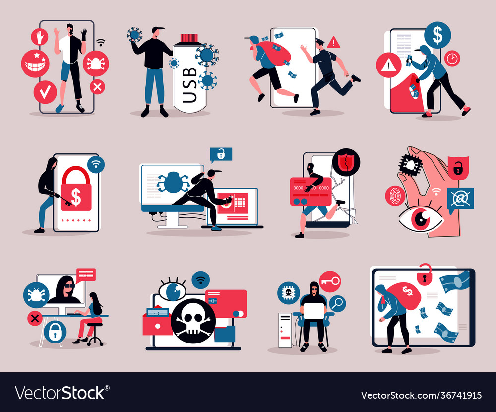 Hacker flat icons set Royalty Free Vector Image