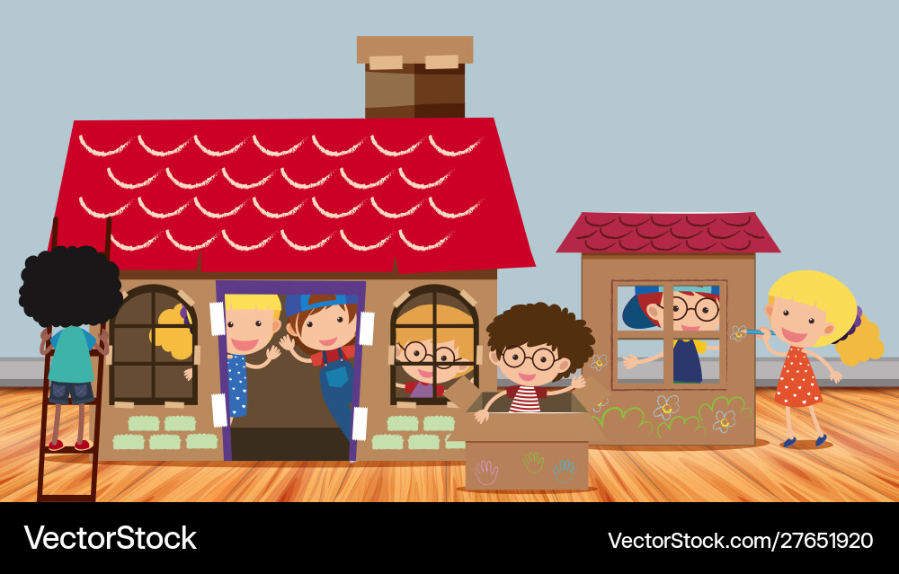 Many kids playing in playhouse Royalty Free Vector Image