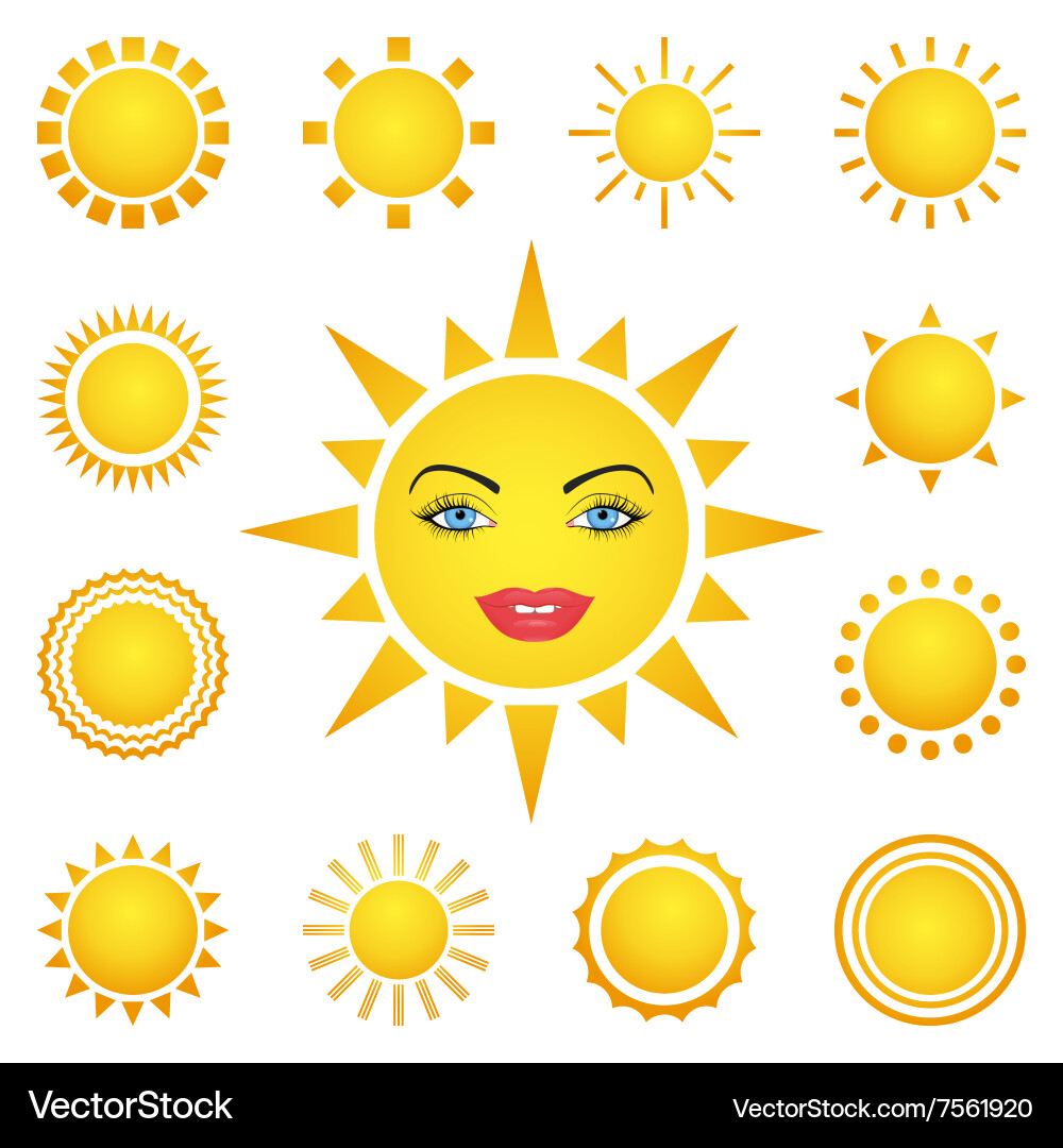 Set of different suns isolated on white Royalty Free Vector