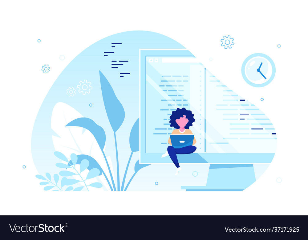 Programmer specialist sitting on big computer Vector Image