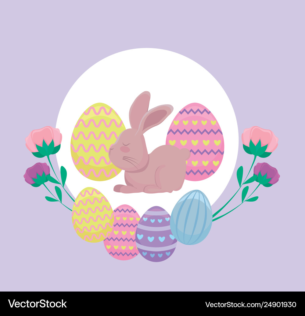 Cute rabbit with eggs easter and flowers Vector Image