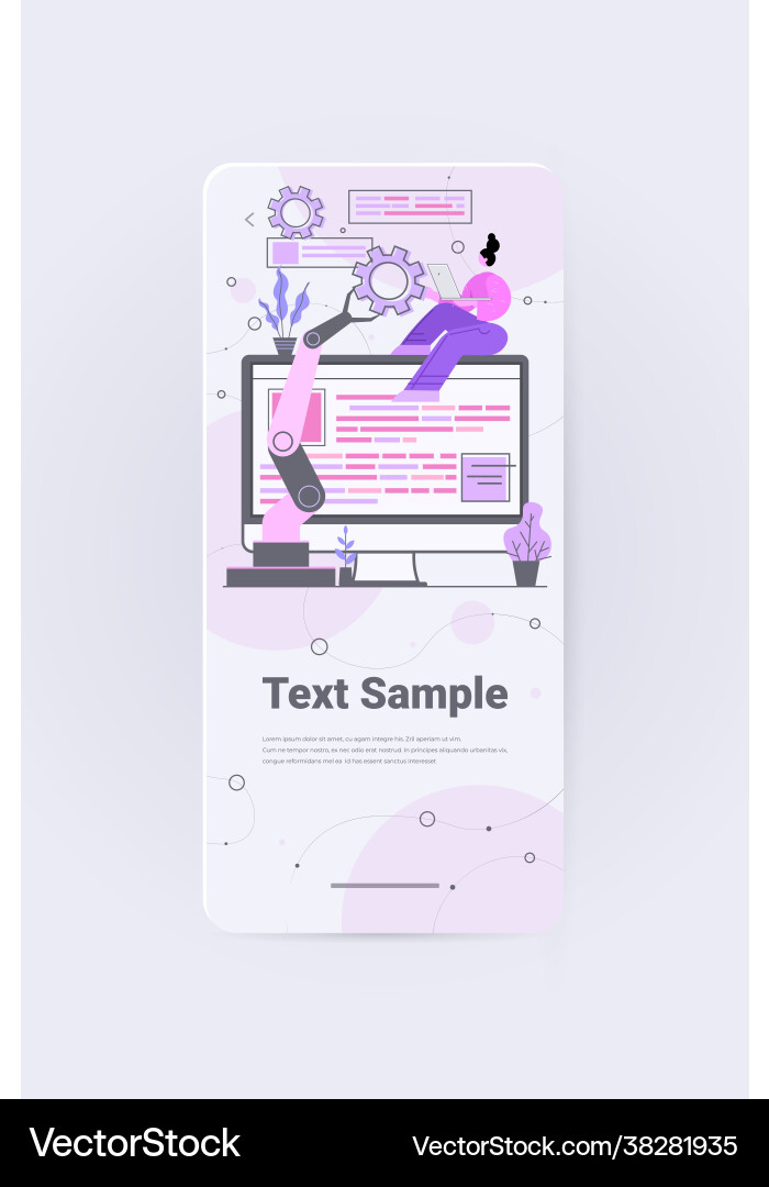 Developer with robotic hand creating mobile Vector Image