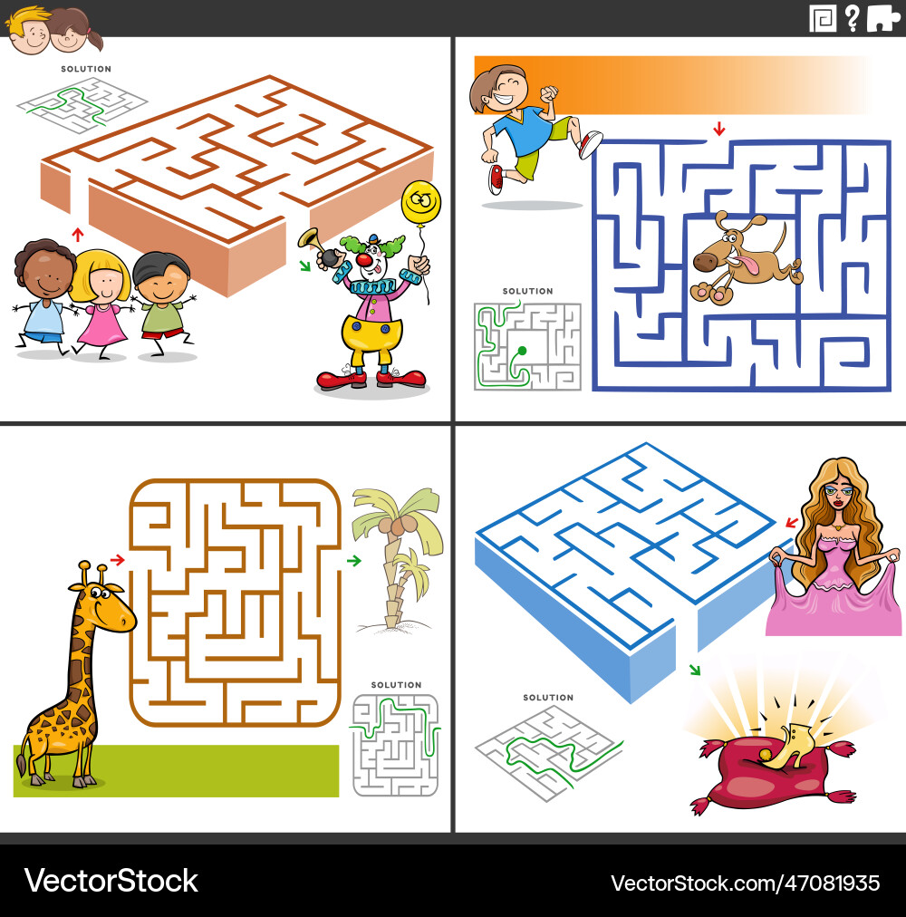 Maze activity games set with funny cartoon Vector Image