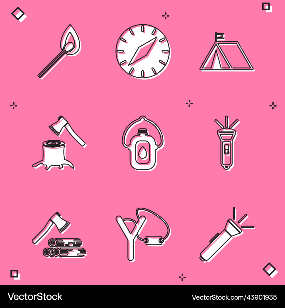 Set burning match with fire compass tourist tent Vector Image