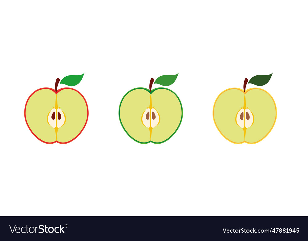 Apples set of red green bitten and half Royalty Free Vector