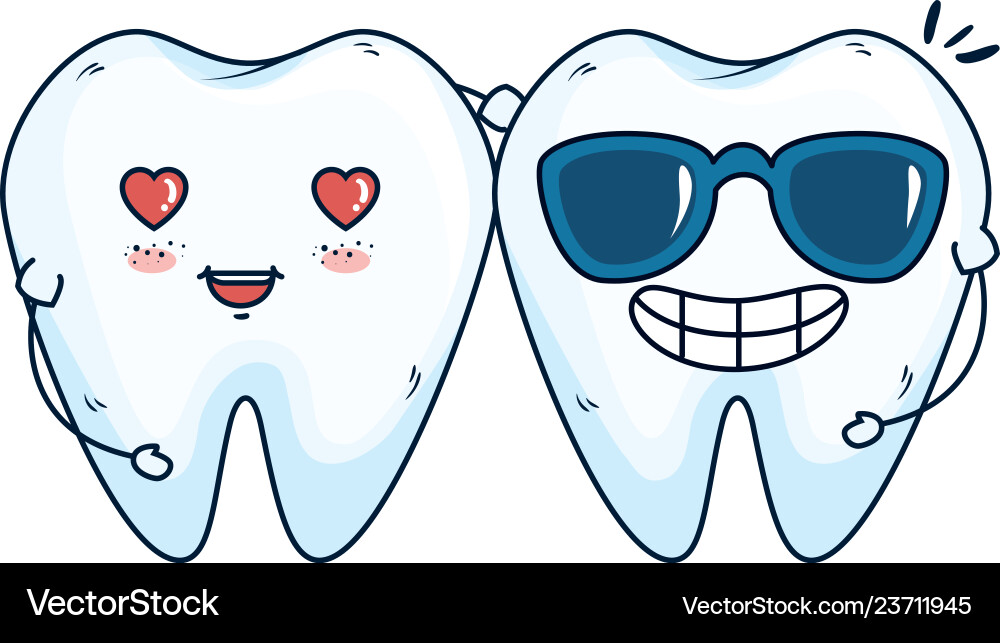 Comic teeth couple with heart kawaii Royalty Free Vector