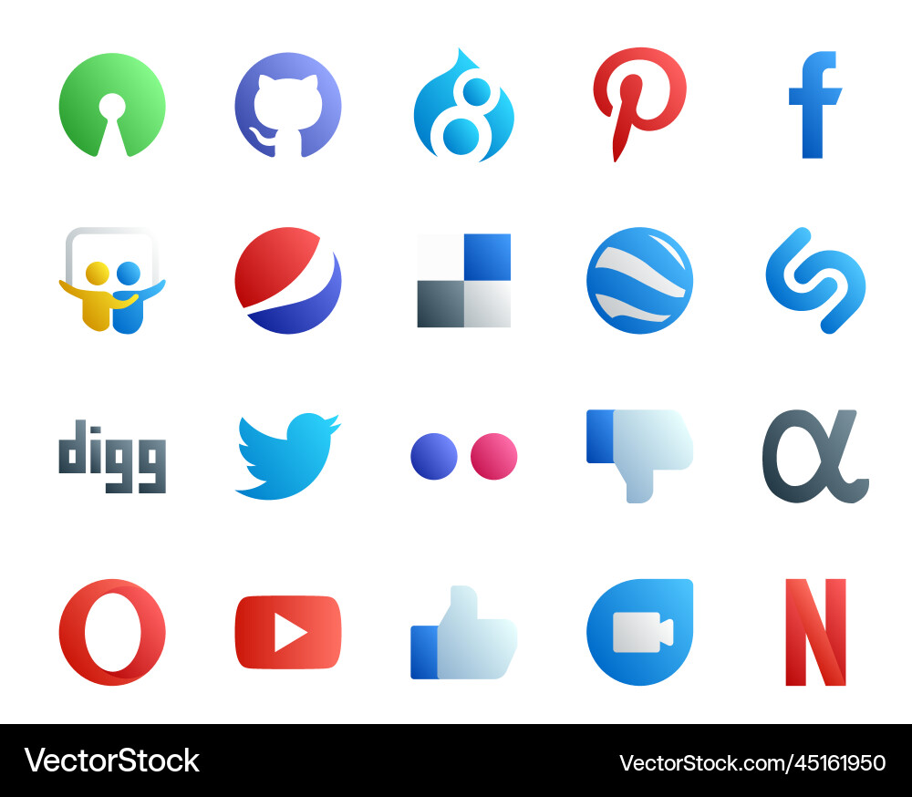 20 social media icon pack including youtube app Vector Image
