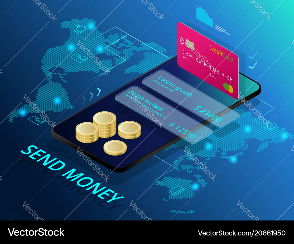 Isometric send money online transfer Royalty Free Vector
