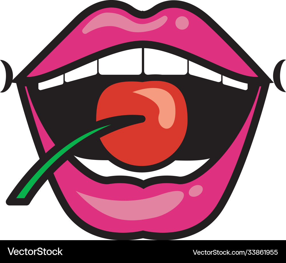 Pop art mouth biting cherry fill style Royalty Free Vector