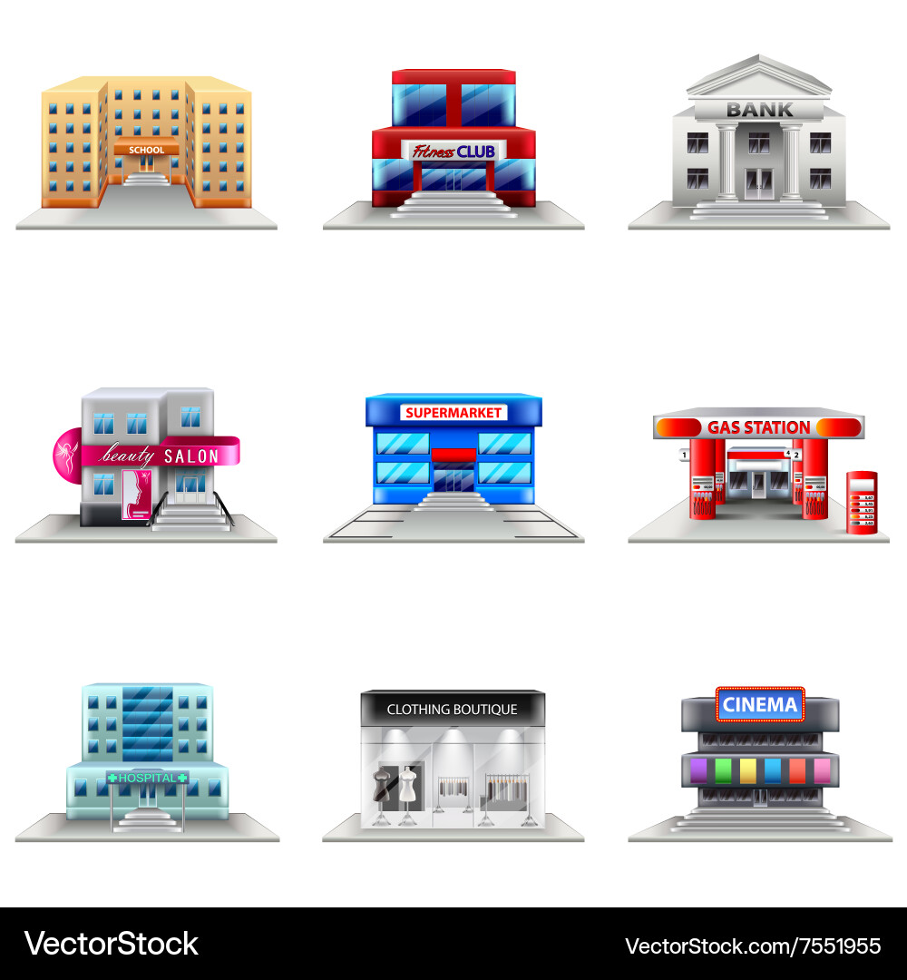 Town buildings icons set Royalty Free Vector Image