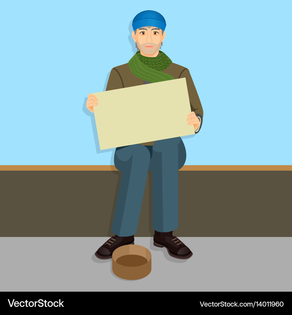Beggar in casual cloth with empty billboards Vector Image