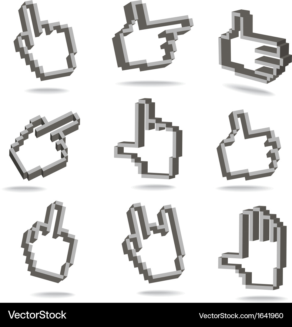 Pixel hand cursors collection in perspective Vector Image