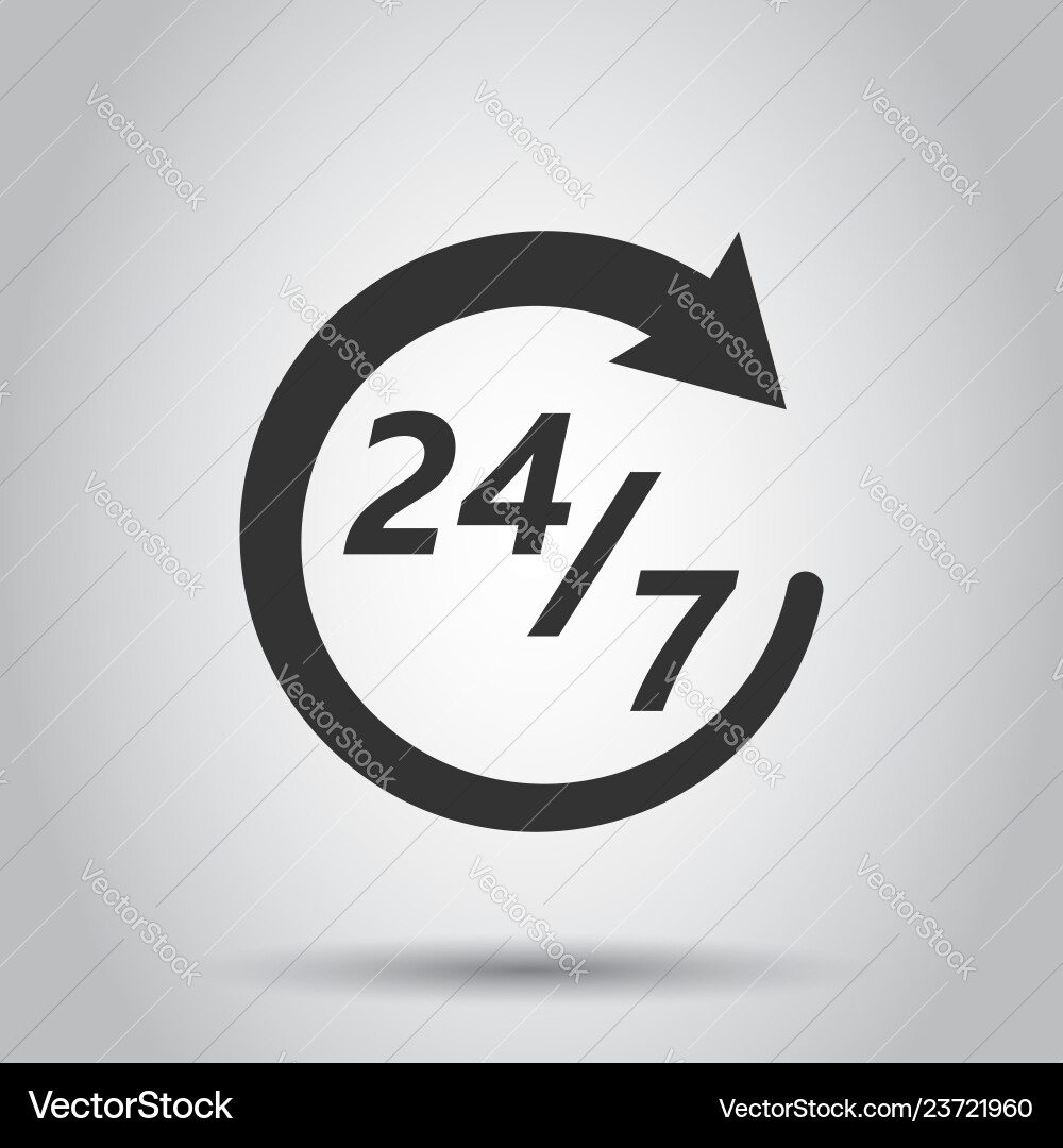 Twenty four hour clock icon in flat style 247 Vector Image