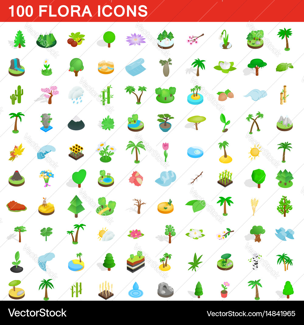 100 flora icons set isometric 3d style Royalty Free Vector