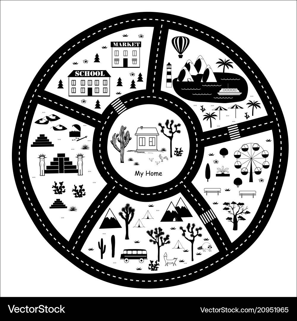 Road mountains and woods adventure map Royalty Free Vector