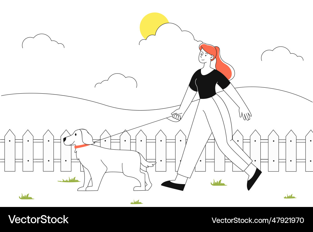 Woman walking dog line concept Royalty Free Vector Image