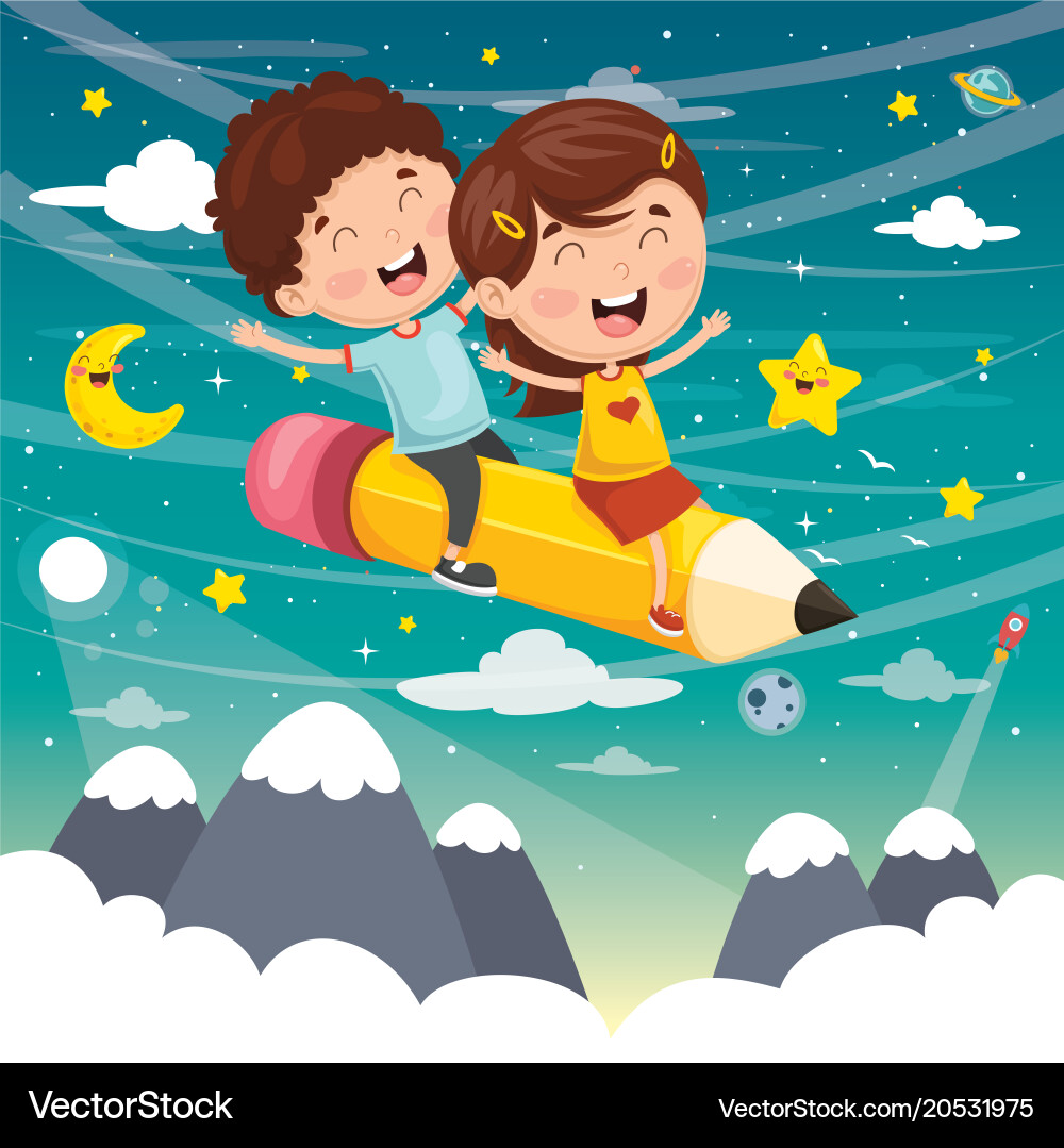 Kids flying with pencil Royalty Free Vector Image
