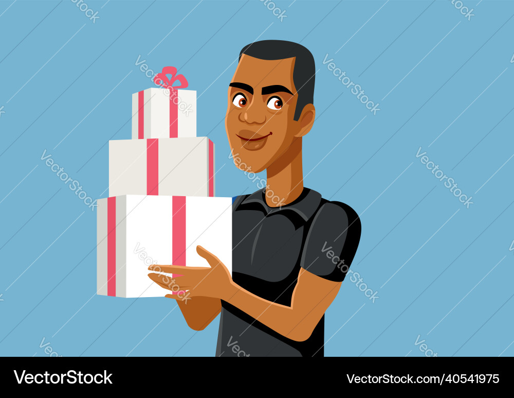 Smiling man holding gift boxes cartoon Royalty Free Vector