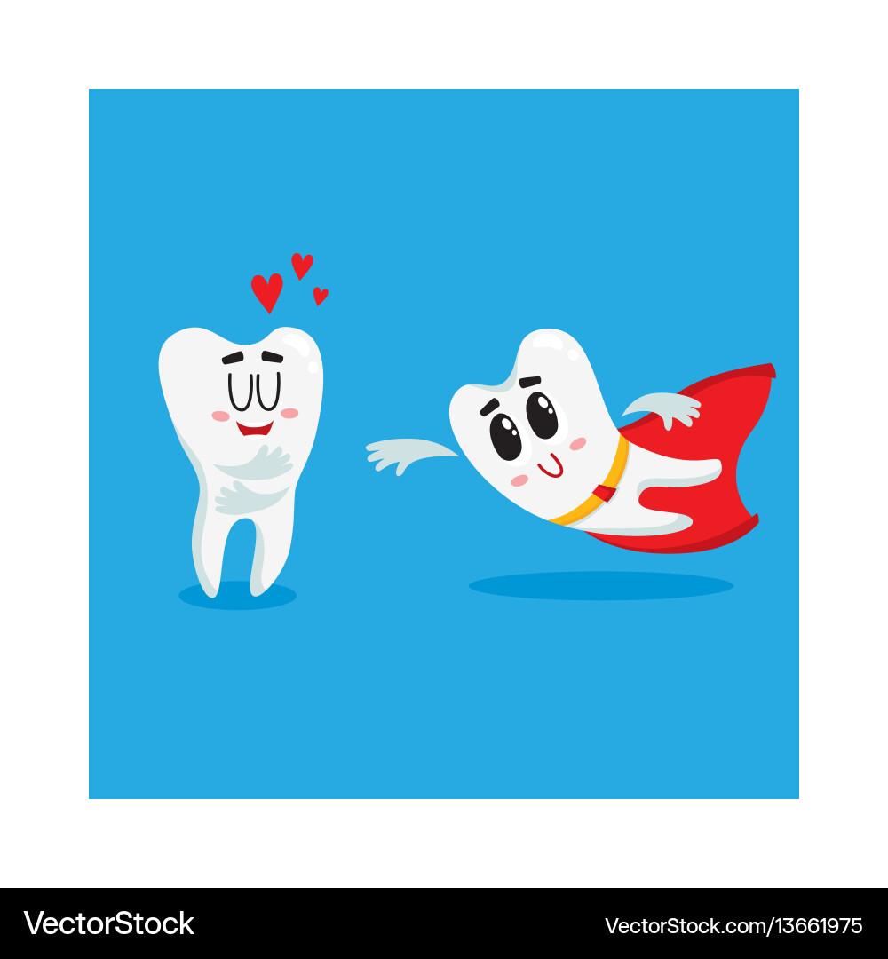 Two funny tooth characters one as superhero Vector Image
