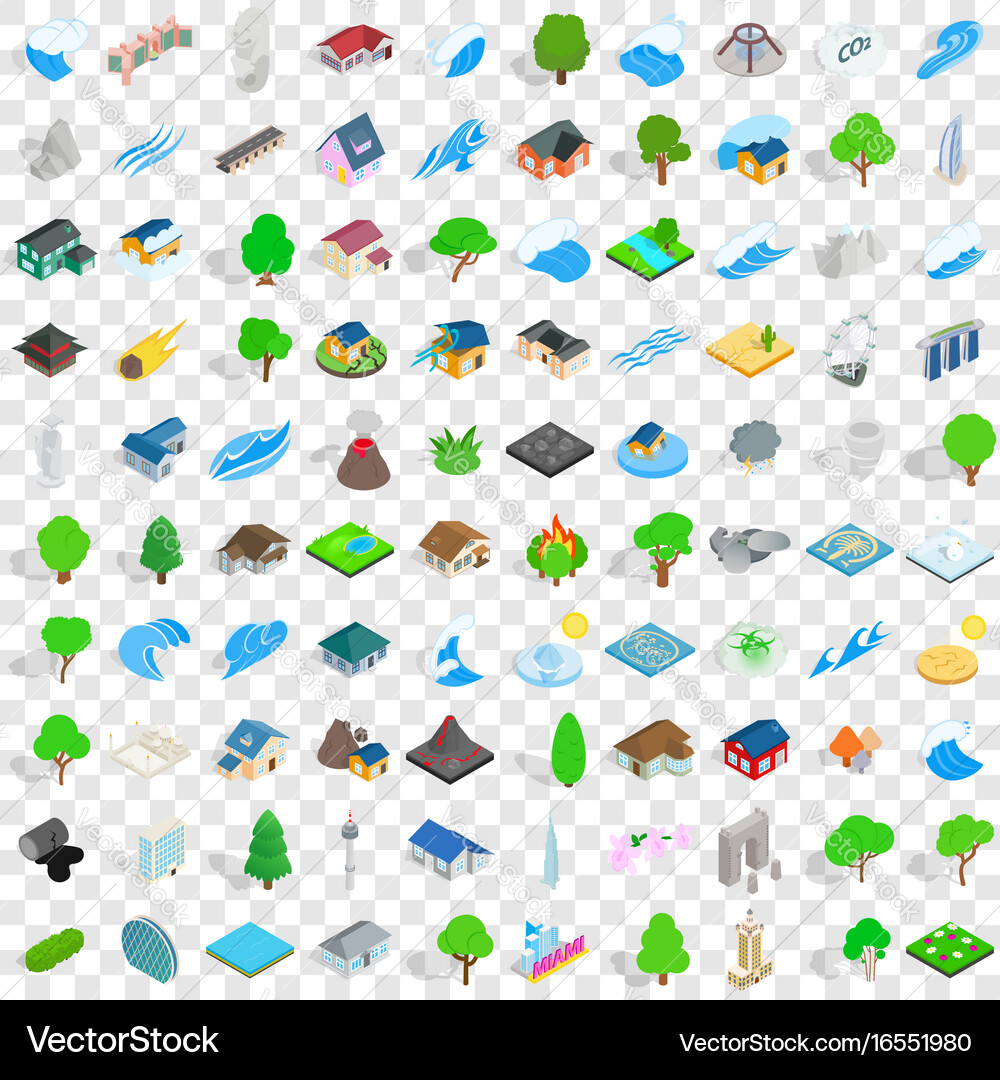 100 landscape element icons set isometric style Vector Image