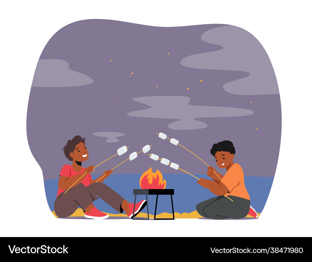 Kid characters roast marshmallow on fire little Vector Image