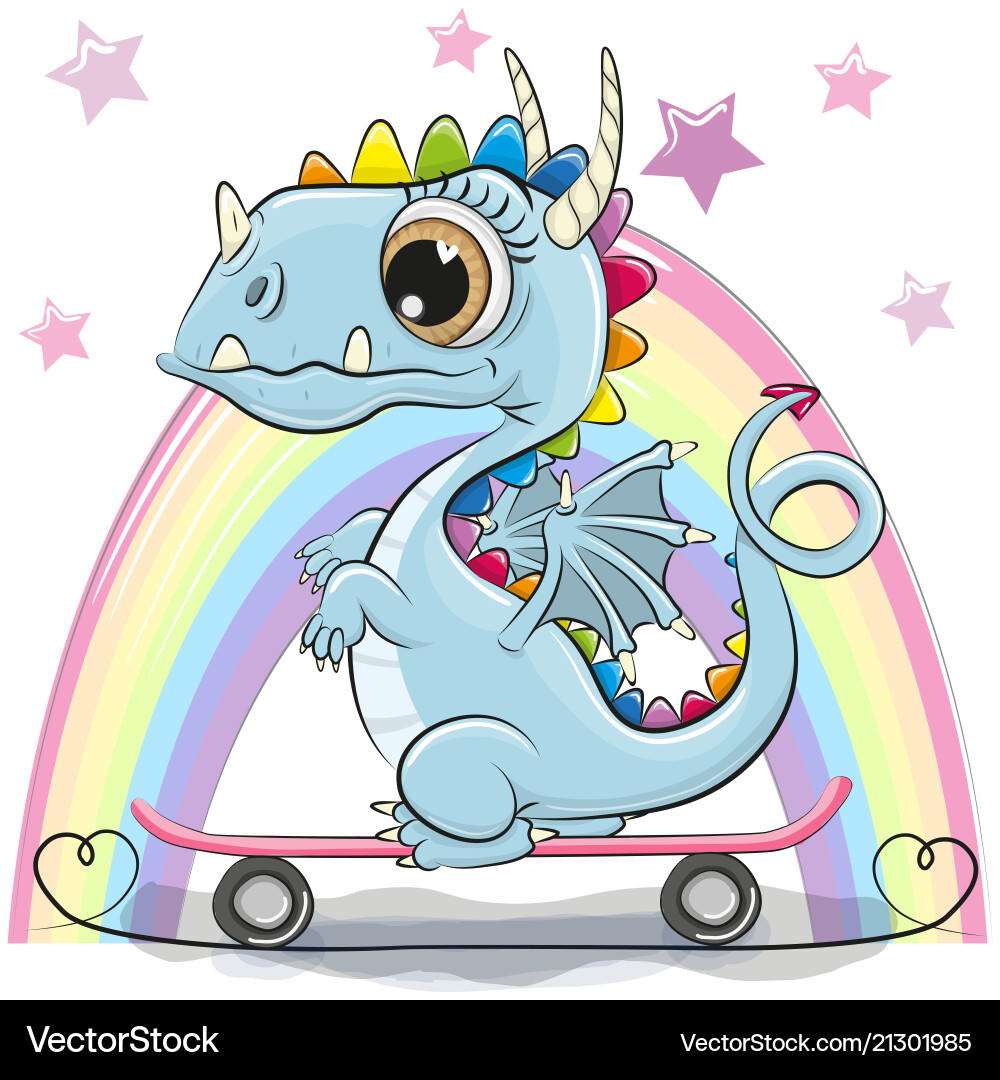 Cute dragon with skateboard on a rainbow Vector Image