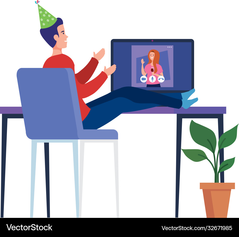 Man with party hat and woman on computer Vector Image