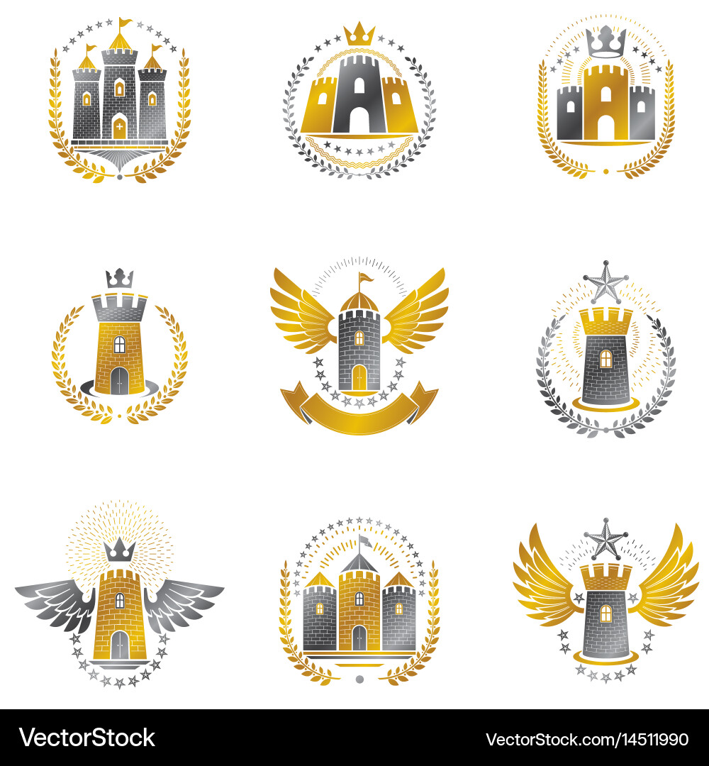 Ancient castles emblems set heraldic coat of arms Vector Image