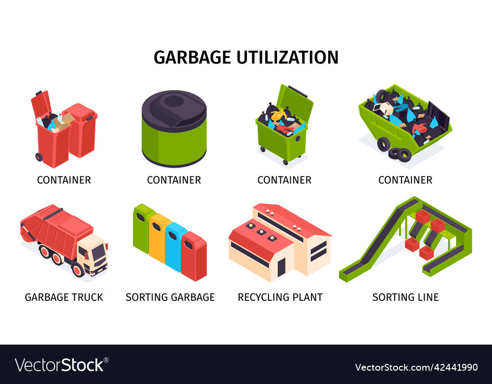 Isometric colored garbage recycling icon set Vector Image Isometric colored garbage recycling icon set Vector Image