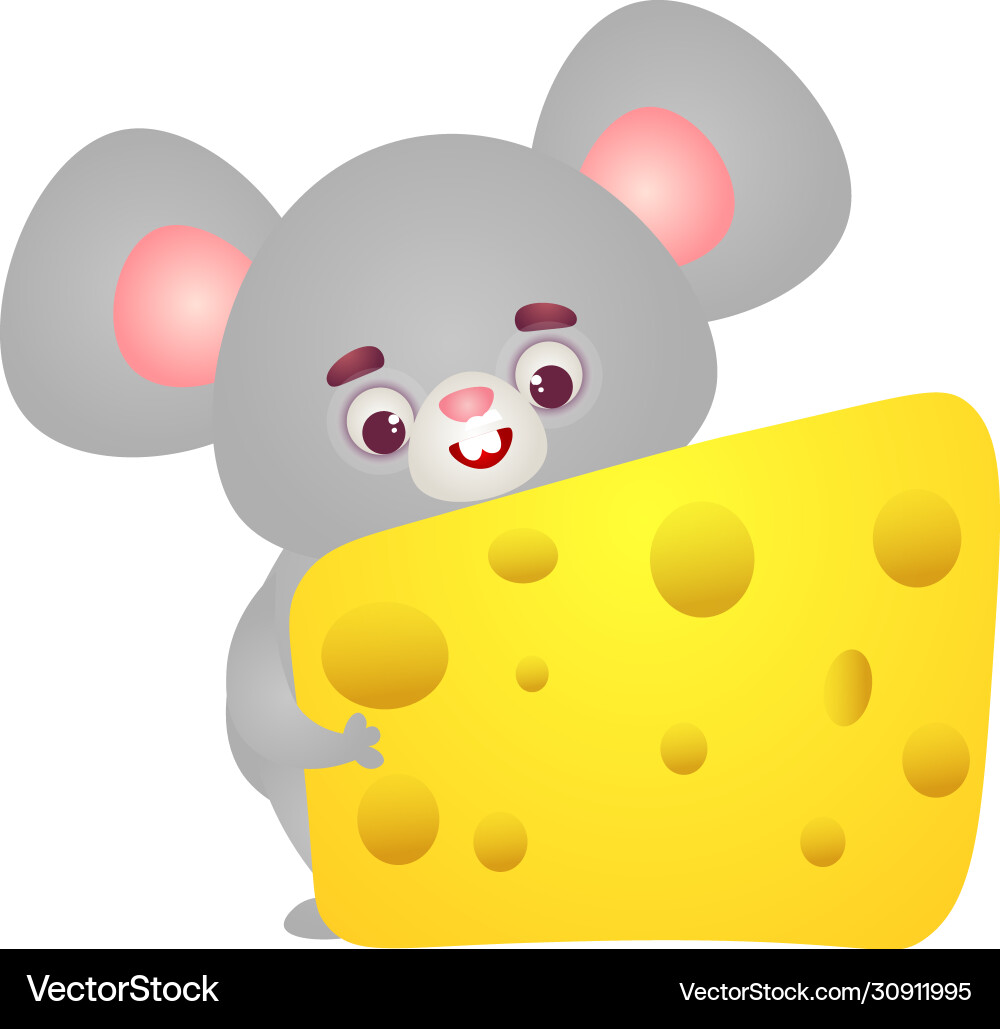 Happy grey mouse character with big ears holding Vector Image