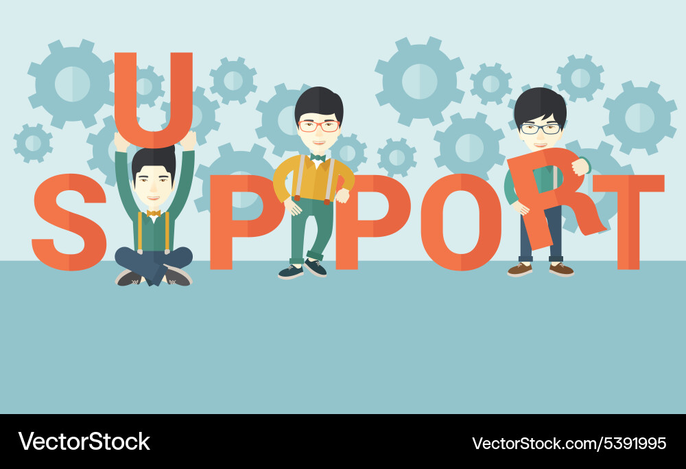 Three chinese men standing in the word support Vector Image