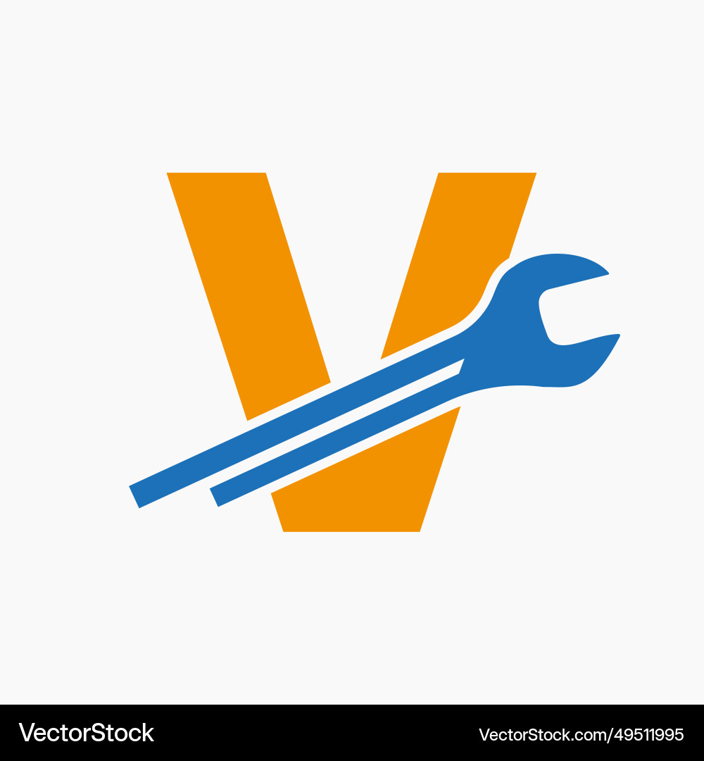 Wrench logo on letter v with engineering symbol Vector Image