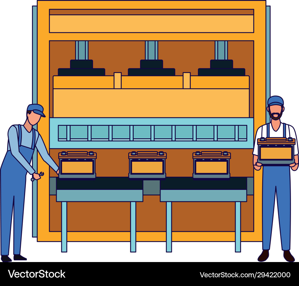 Car mechanics with batteries on machine flat Vector Image