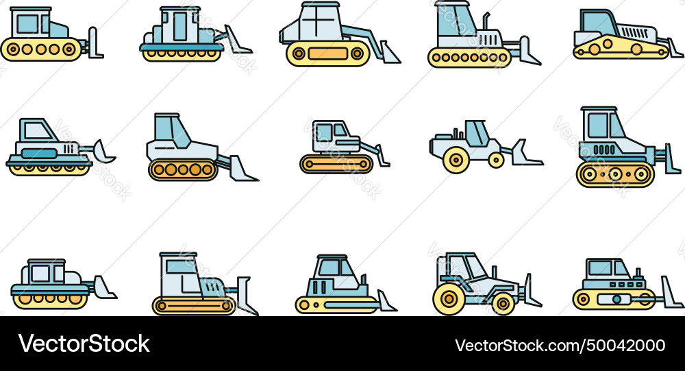 Construction bulldozer icons set color line Vector Image