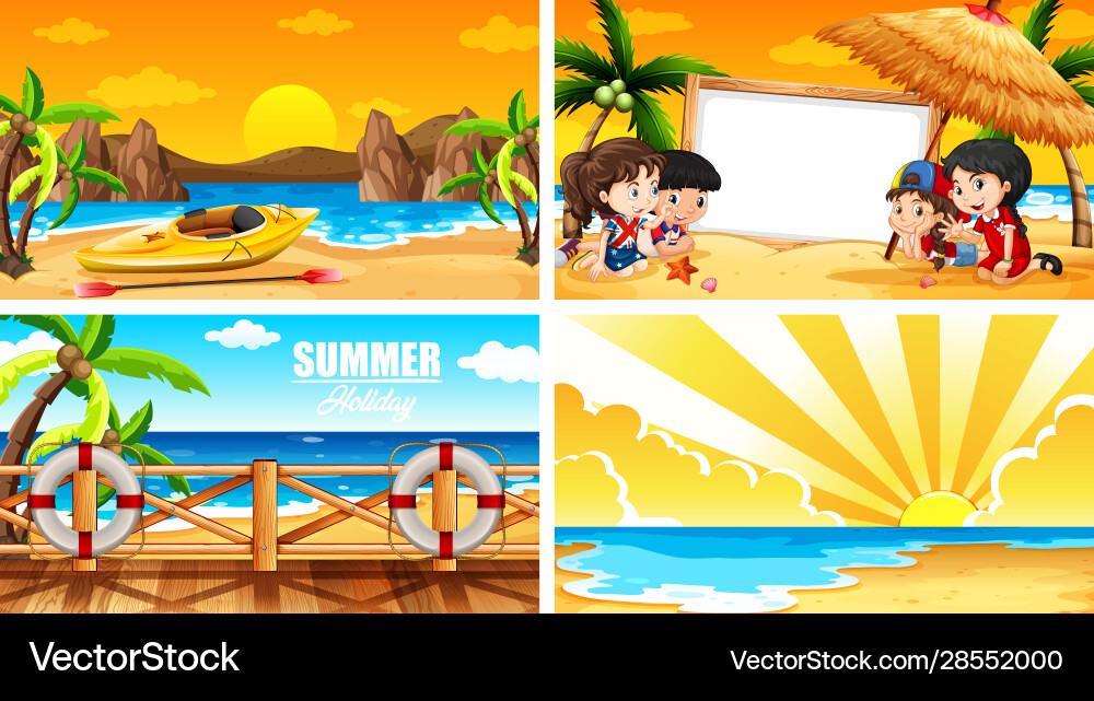 Four background scenes with summer on beach Vector Image