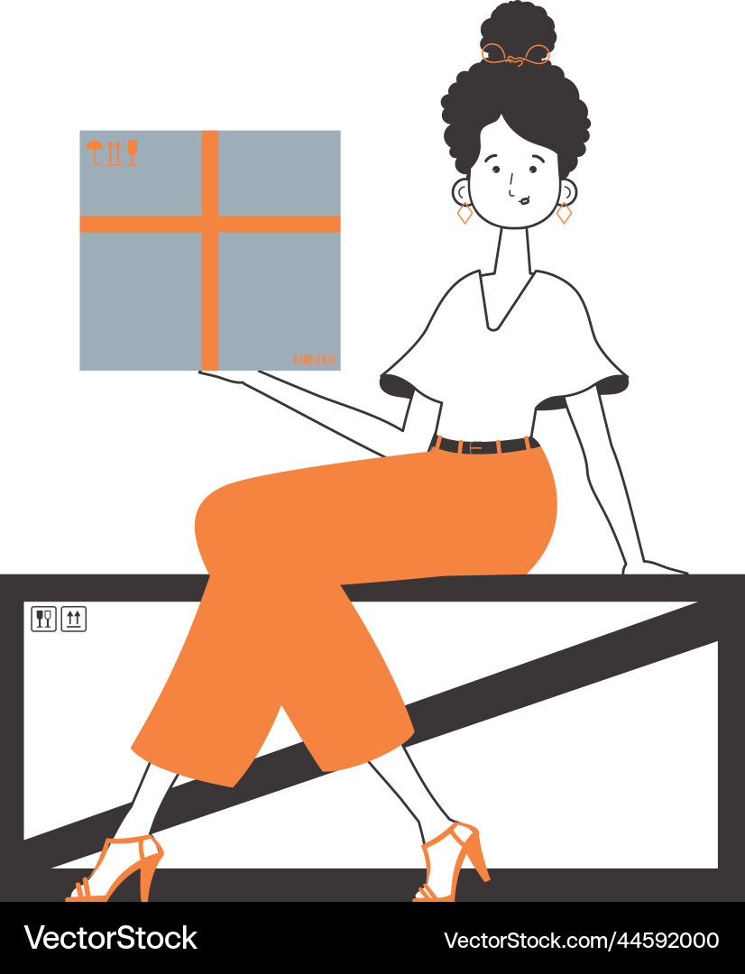 Girl is holding a parcel parcel provider linear Vector Image