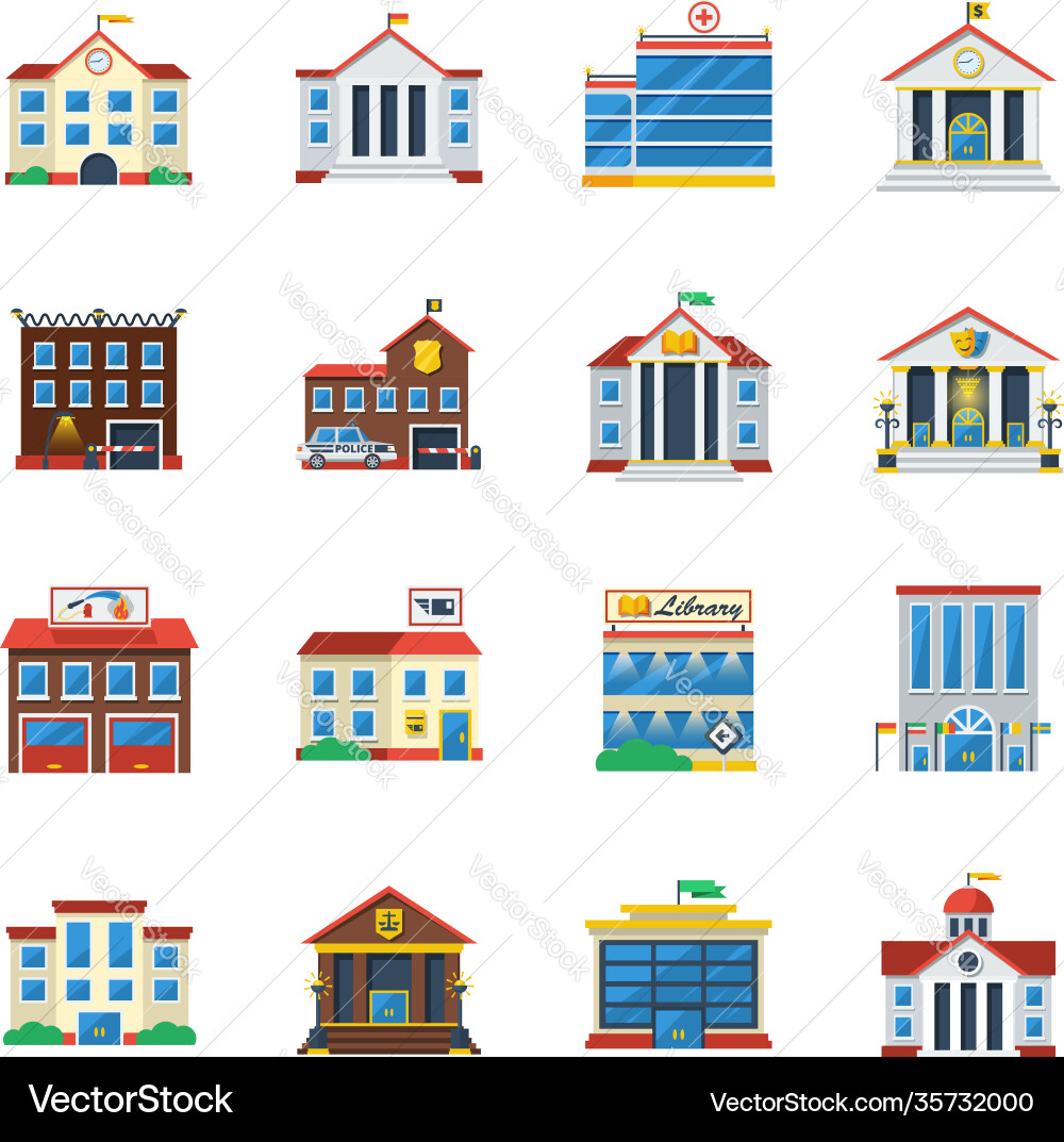 Government buildings flat color icon set Vector Image