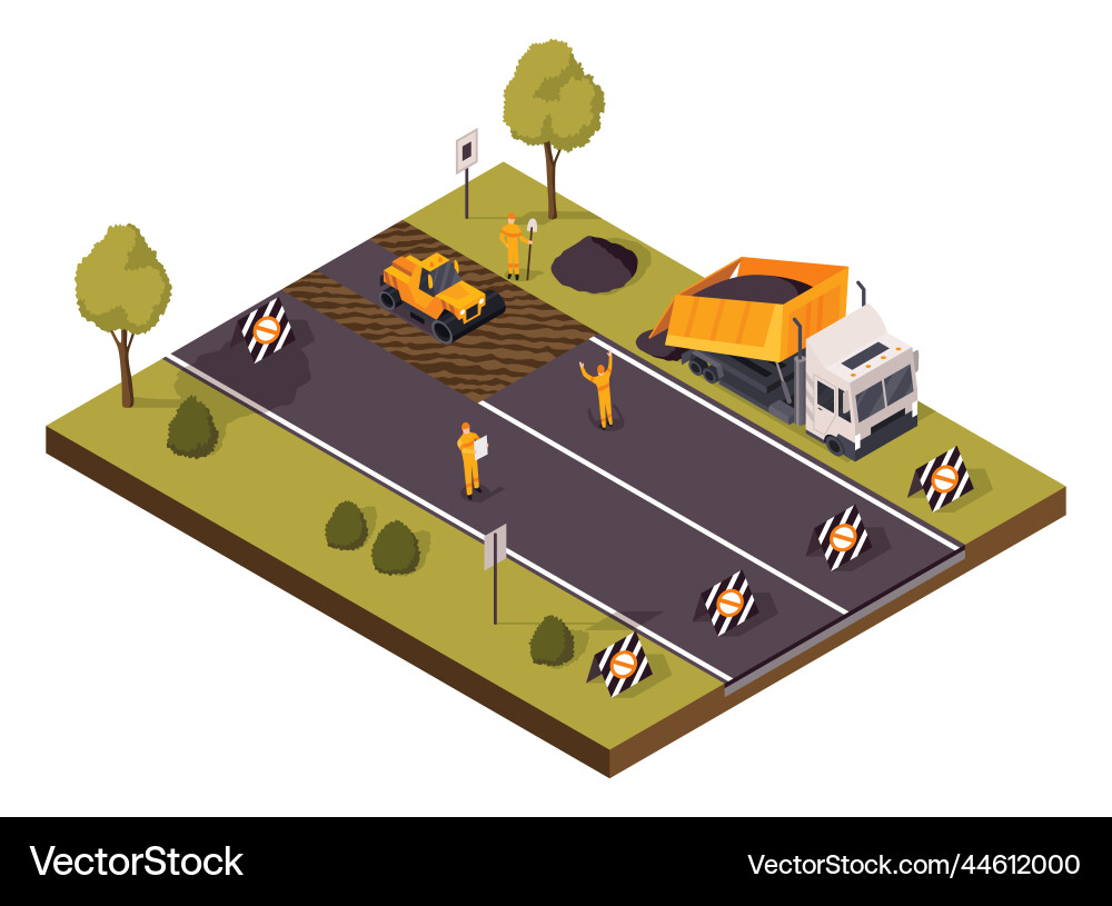 Isometric road construction scene concept worker Vector Image