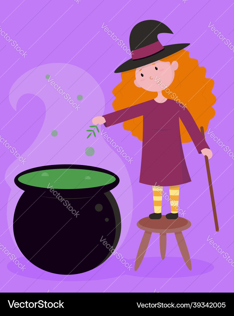 Cute cartoon witch brews potion in pot Royalty Free Vector