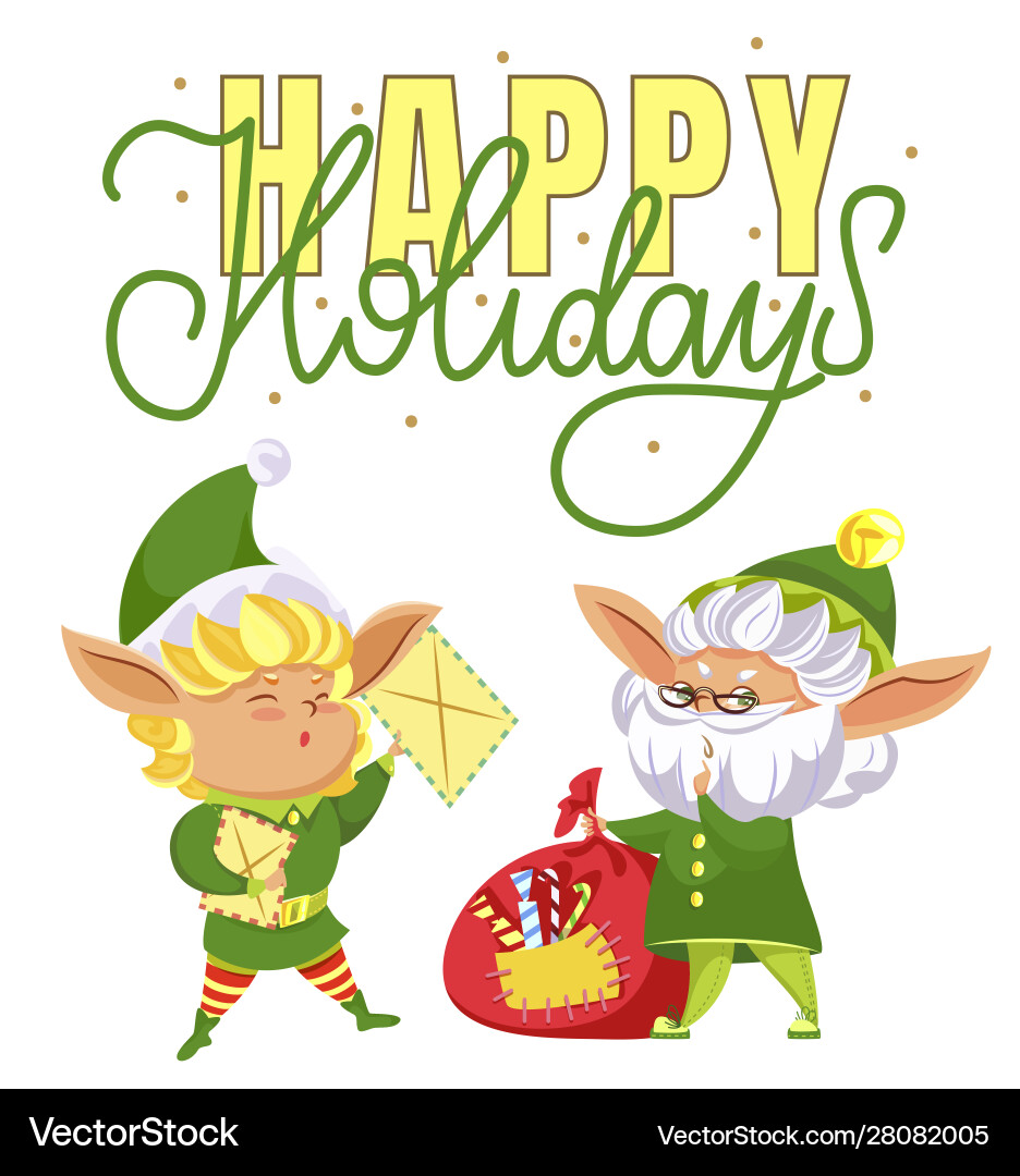 Happy holidays elves preparing for christmas Vector Image