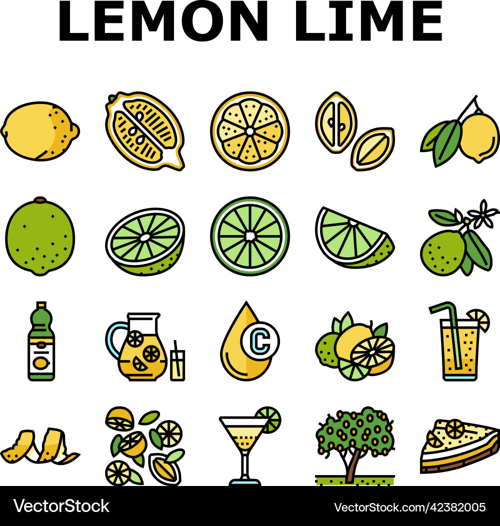 Lemon and lime vitamin citrus icons set Royalty Free Vector