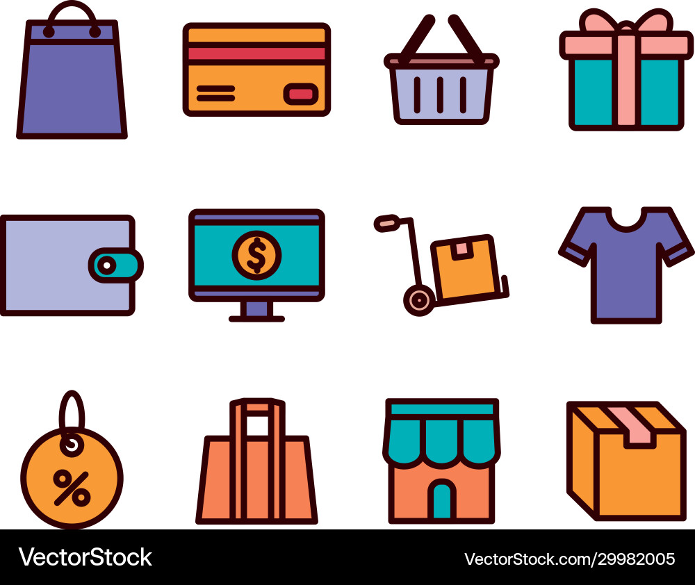 Shopping line and fill style icon set Royalty Free Vector