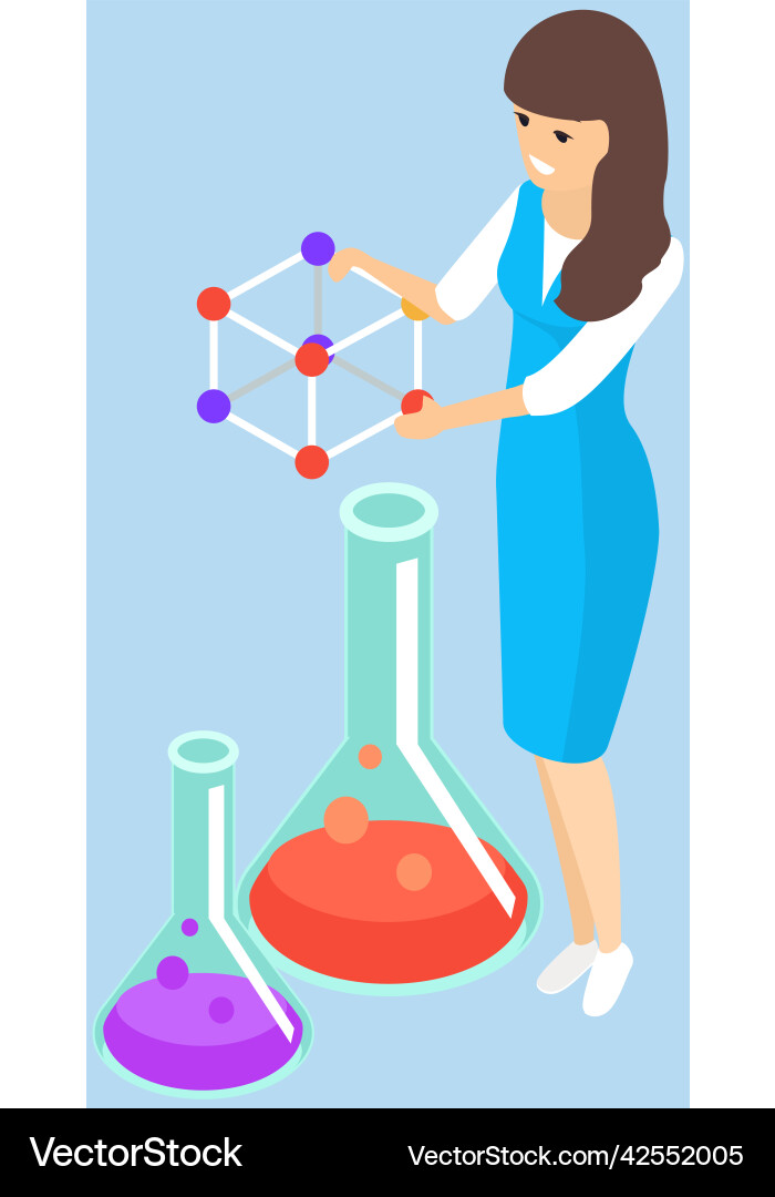 Young beautiful woman chemist flasks with liquid Vector Image
