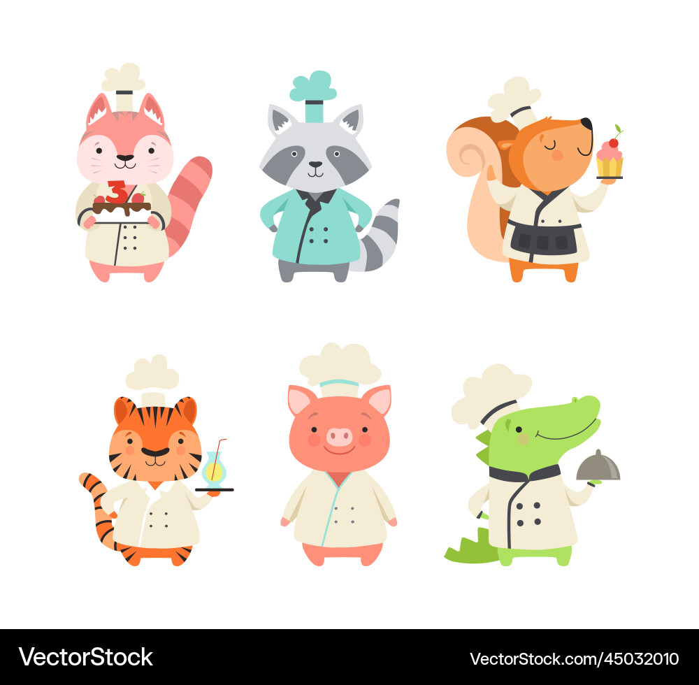 Cute animals in chef uniform cooking delicious Vector Image